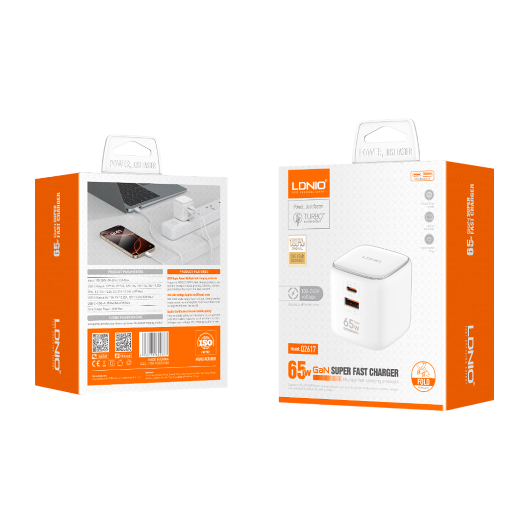CARGADOR LDNIO Q2617 GaN 65W 2P PD+USB + cab TC-TC Including US+EU+UK ...